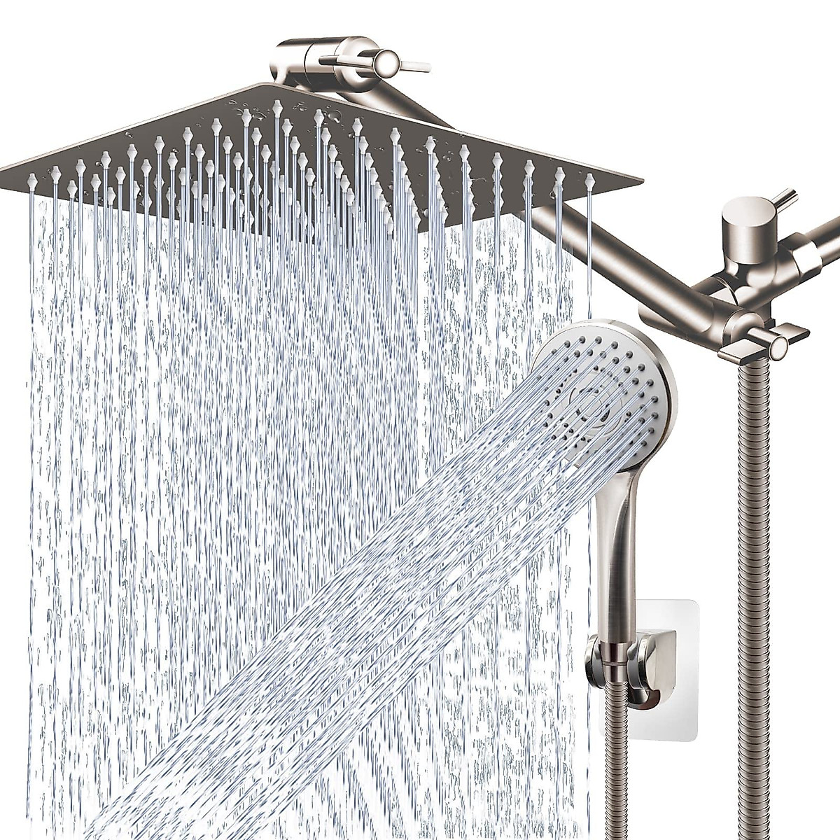 (Brushed Nickel),12'' High Pressure Rain Shower Head with 11'' Adjustable Extension Arm and 5 Settings Handheld Shower Head Combo,Powerful Shower Spray Against Low Pressure Water