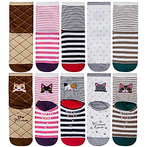 Cute Socks Womens Dog Cat Novelty Animal Socks for girl Cartoon Cotton Casual Crew Funny Socks 5 Pairs, E Cat style 1