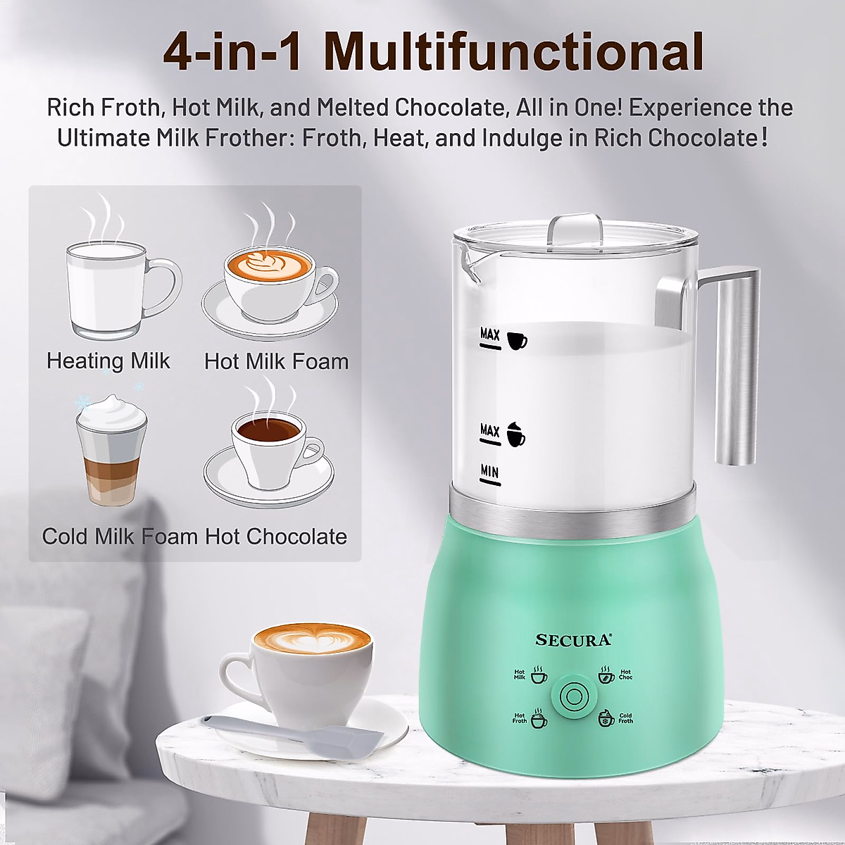Secura Detachable Milk Frother and Steamer, 17oz Electric Milk Warmer 4-in-1 Hot/Cold Foam Maker for Latte, Macchiato, Hot Chocolate, Glass Milk Jug Dishwasher Safe (Green)