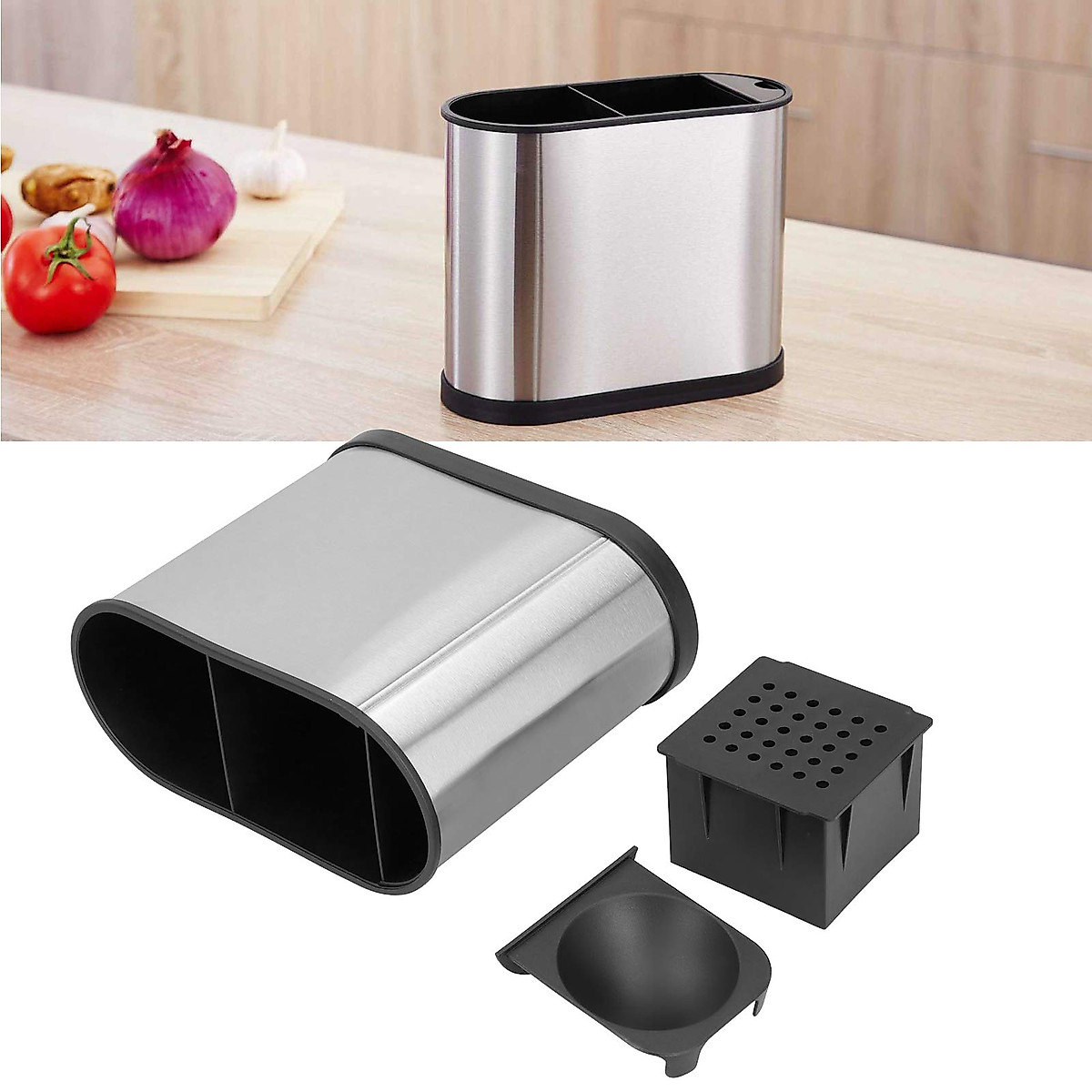 Utensil Holder, Kitchen Utensil Holder with Bottom Holes for Kitchen Counter (H7.1” x W3.8”x L8.7”), Stainless Steel Cooking Utensil Holder, Stylish Countertop Organizer and Kitchen Decor Caddy