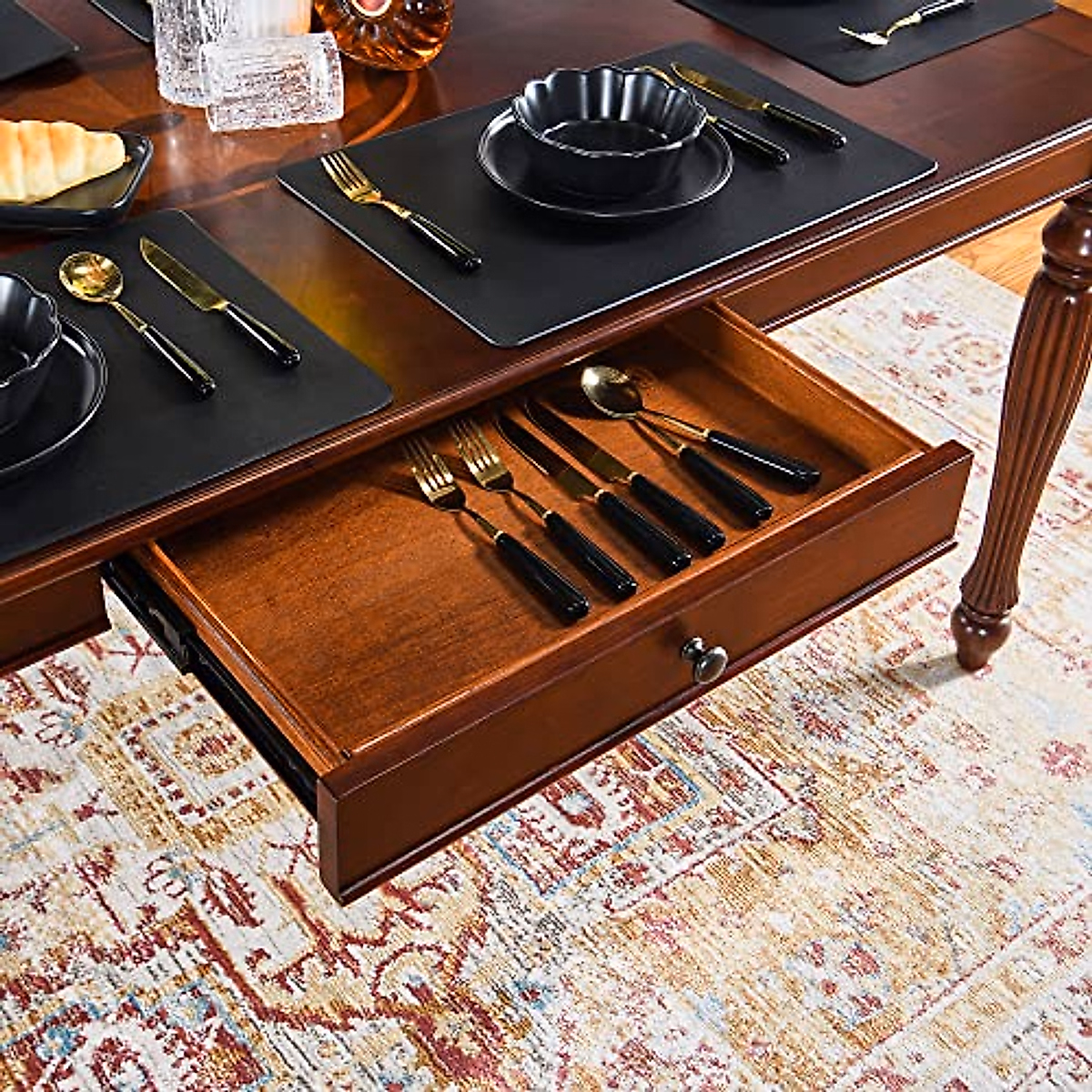 JESONVID Solid Wood Dining Table with Drawer, 67.3" Kitchen Dining Room Tables Mid Century Style 6-8 Person Natural Cherry Wooden Rectangle Extension Farmhouse Rustic Table Furniture,CCZ1533