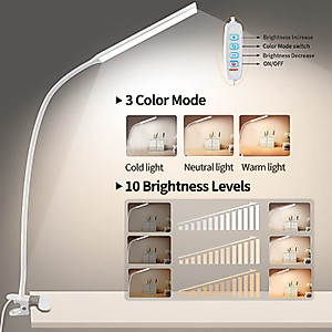 ECHEAIO Desk lamp, Desk Lamps for Home Office, Eye Caring Reading Lamp, 13W Clip on Light 3 Color Modes & 10 Brightness Levels Flexible Gooseneck Light for Headboard Piano Desk Bedside Reading
