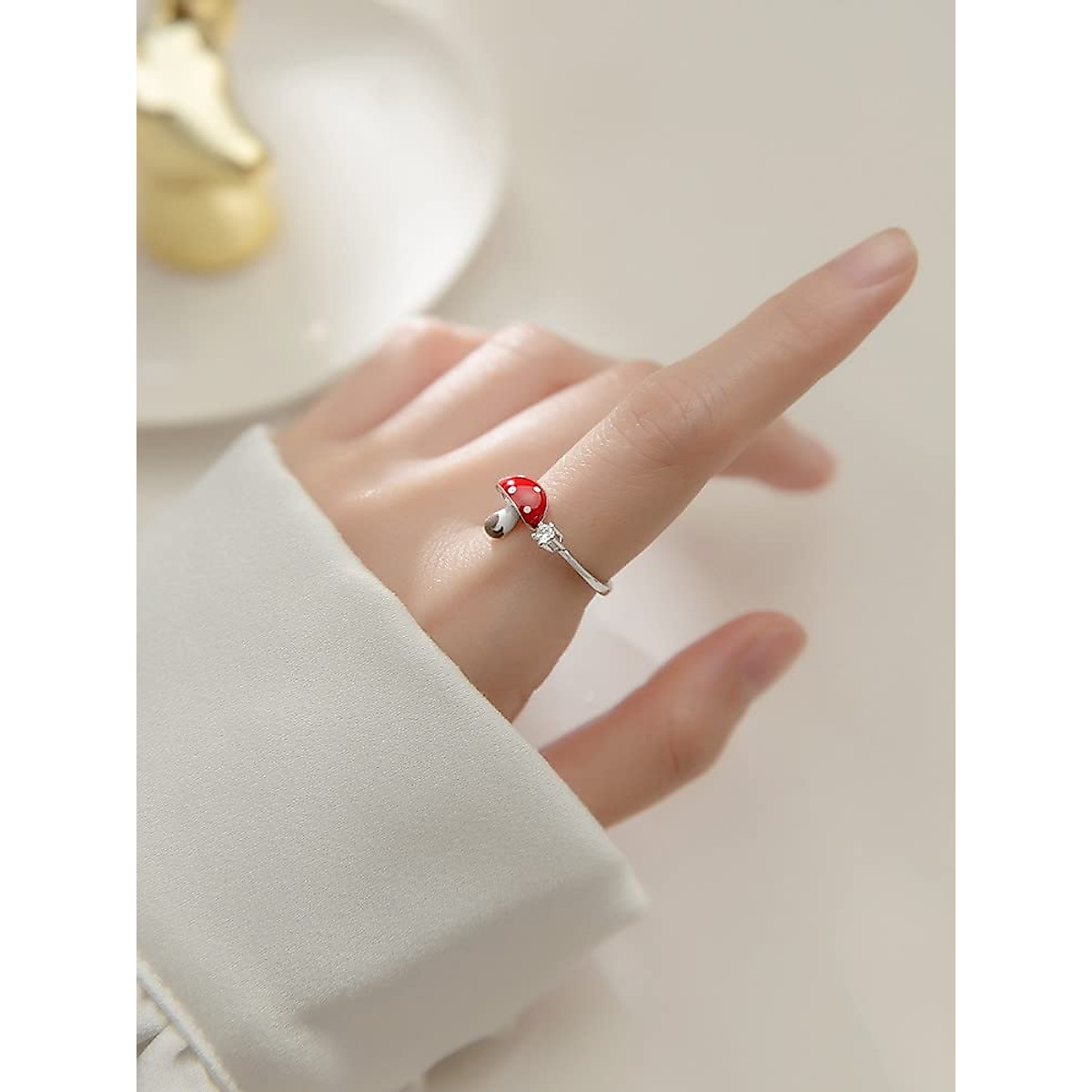 Cute Mushroom 925 Sterling Silver Open Band Ring for Women Girls CZ Expandable Creative Enamel Food Statement Finger Rings Adjustable Comfortable Dainty Birthday Easter Christmas Jewelry Gift