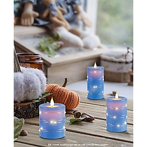 Upinmz Flameless Candle with String of Lights Battery Powered LED Candle Flashing Candle with Remote Control and Timer 3 Packs (Blue)