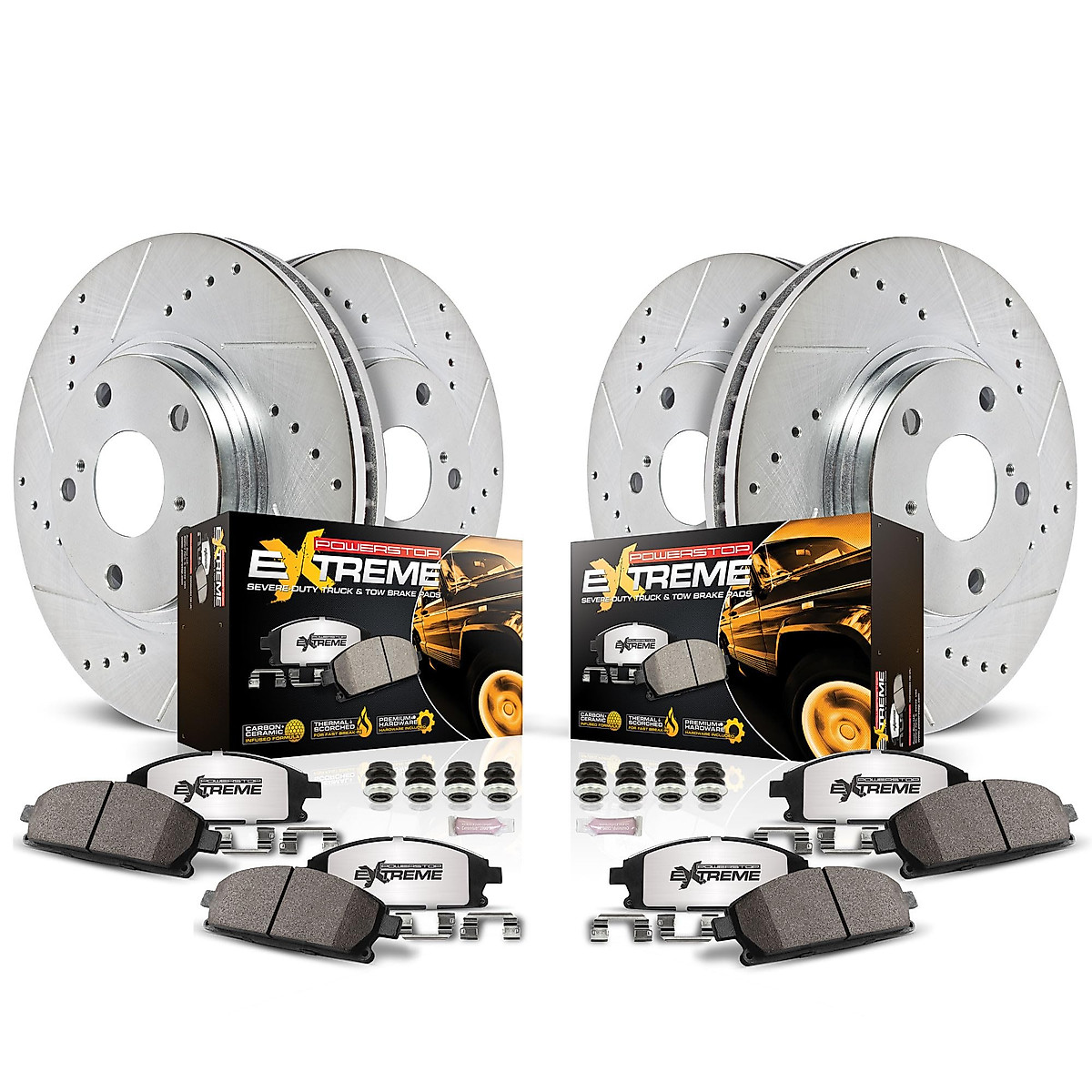 Power Stop Brake Kit For 2017-2022 Nissan Titan 6 Lug - Front and Rear Z36 Truck & Tow Carbon Fiber Ceramic Brake Pads with Drilled and Slotted Brake Rotors Kit Replacement, K7866-36