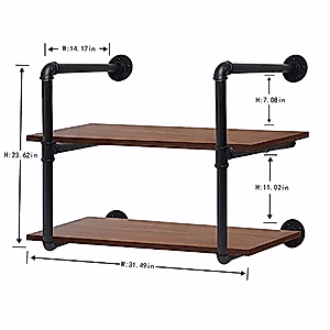 Industrial Pipe Floating Shelves,31inch Wall Mount Hanging Book Shelves with 2 Wooden Boards Planks in Rustic Brown Wood Finish Farmhouse Style