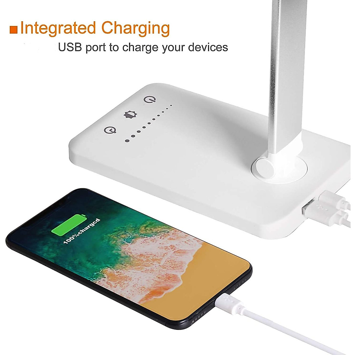LED Desk Lamp Dimmable Table Lamp Reading Lamp with USB Charging Port, 5 Lighting Modes, Sensitive Control, 30/60 Minutes Auto-Off Timer, Eye-Caring Office Lamp (Silver, White)