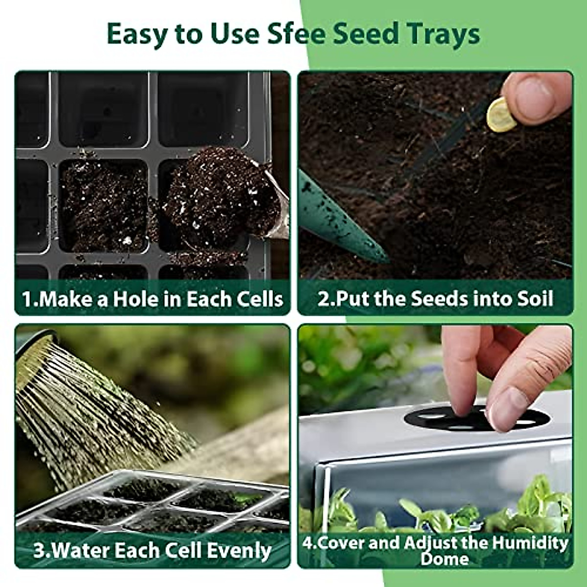 Sfee 10 Pack Seed Starter Tray Kit, 120 Cells Seedling Starter Trays with Humidity Dome and Base Greenhouse Growing Trays, Reusable Seedling Tray with Garden Tools Labels (Black)
