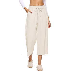 LNX Women's Linen Pants High Waist Wide Leg Drawstring Casual Loose Trouser Beige