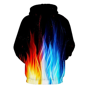Neemanndy Red and Blue Fire Flame Graphic 3D Hoodies Realistic Print Outer Sports Sweaters for Men and Women, Large