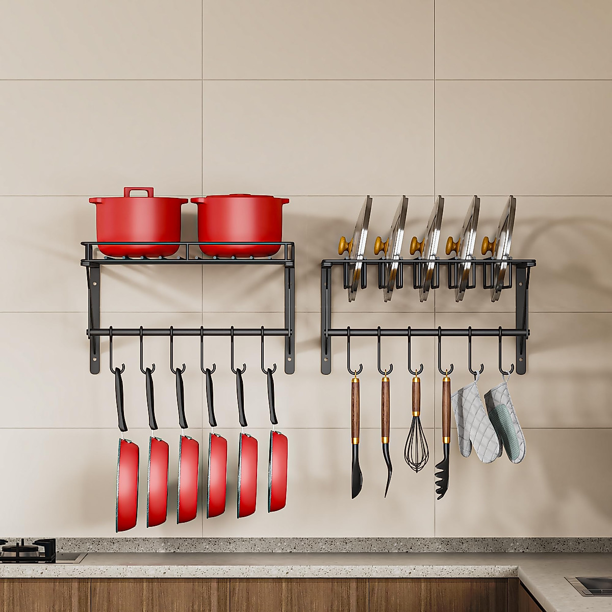 Clothink 2 Packs Wall Mounted Hanging Pots and Pans Organizer Rack with 12 Hooks,For Storage Pans,Pot Lids, Cooking Utensils, Plants and Toiletries in the Kitchen,Balcony or Bathroom