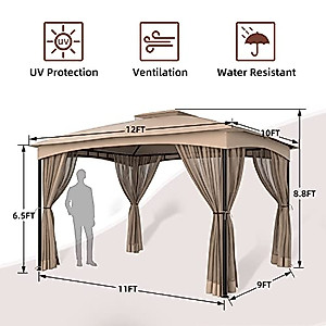 DikaSun Gazebo 10x12 Steel Frame Double Vent Waterproof Roofs Outdoor Gazebo with Netting Canopy Gazebos Patio Gazebo for Garden, Backyard, Deck, and Lawns (Beige)