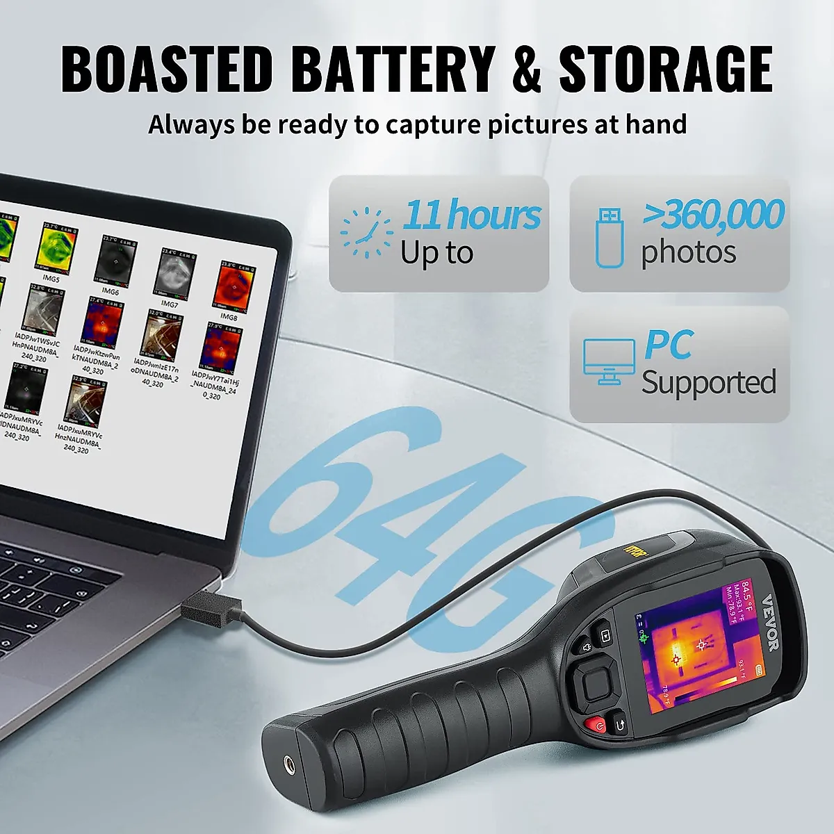 VEVOR Thermal Imaging Camera, 240x180 IR Resolution with 2MP Visual Camera, 20Hz Refresh Rate Infrared Camera with -4℉~1022℉ Temperature Range, 64G Built-in SD Card and Rechargeable Li-ion Battery