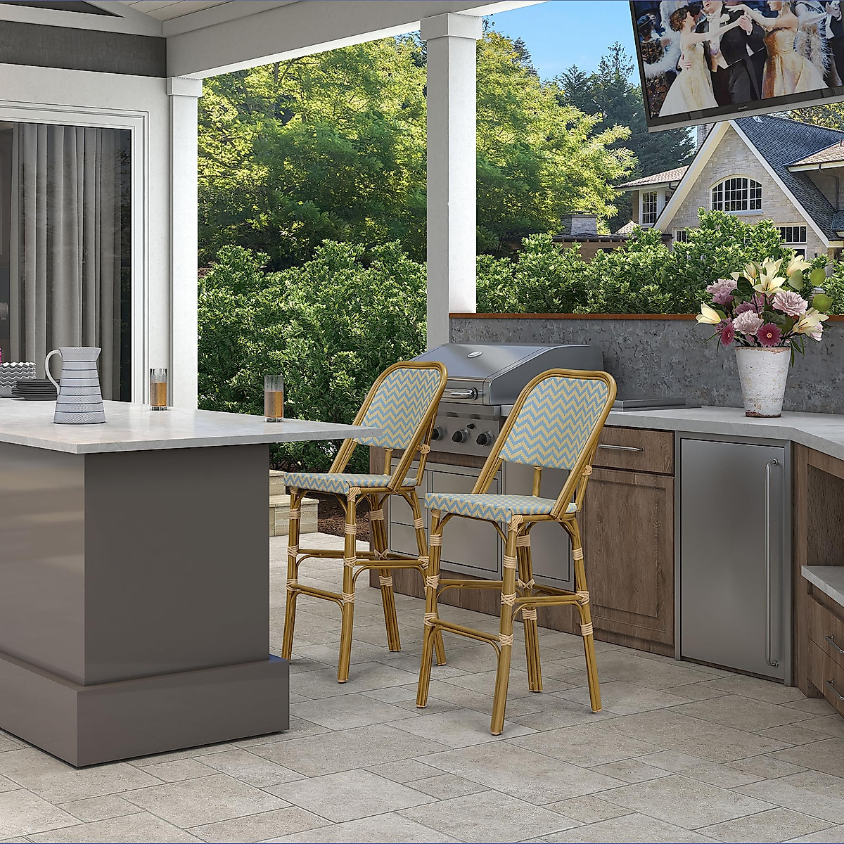 PURPLE LEAF French Bar Stool Set of 2 Outdoor Bar Patio Kitchen Counter Aluminum Frame Chair with Bamboo Print Finish Patio Bar Height Stool, Light Blue