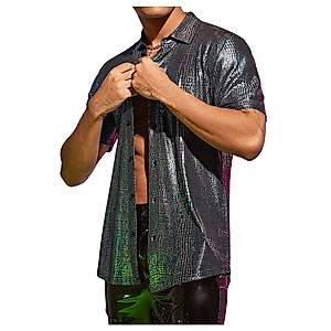 WDIRARA Men's 70s Sparkly Disco Top Crocodile Pattern Metallic Rave Button Front Shirt Short Sleeve Party T Shirt