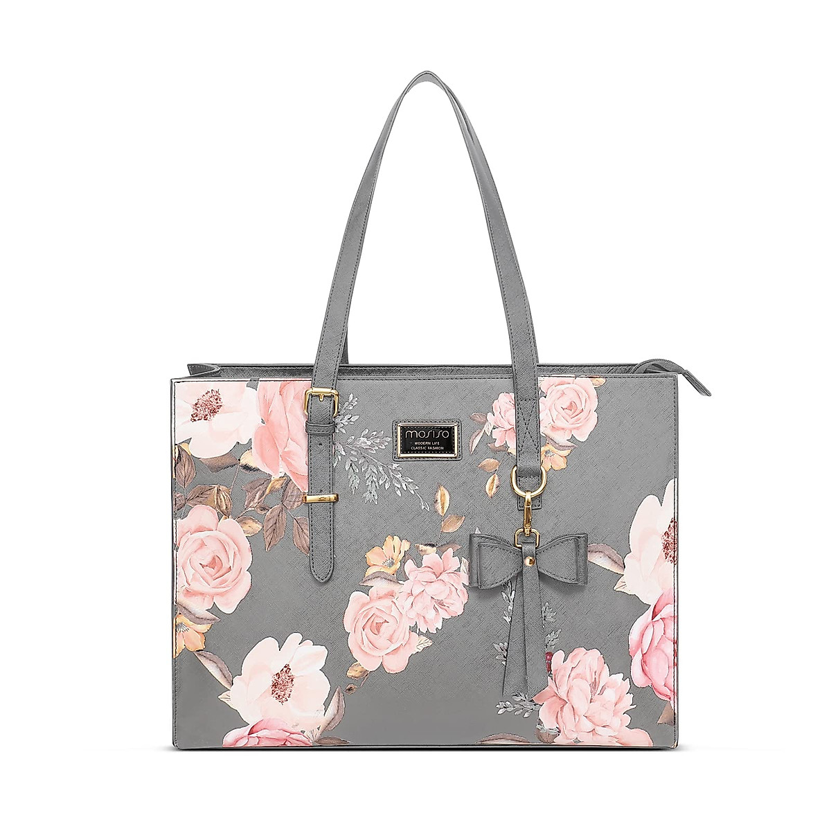 MOSISO Laptop Tote Bag Compatible with MacBook Air 15 inch M2 A2941/Pro 16 M3 M2 M1, 15-15.6 inch Notebook, Peony PU Leather Travel Work Briefcase with Detachable Bowknot & Small Purse, Grey