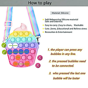 Pop purse bag for Girls, 2 in 1 Poppet Bag fidget Toy with Adjustable Shoulder Strap Length, Silicone Crossbody Small Purse Gift for Kids (Cup Cake)