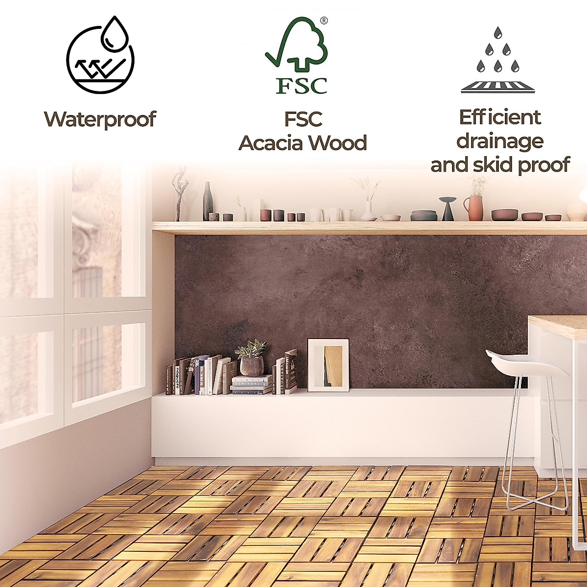 ASESVIDA Acacia Interlocking Deck Tiles - Premium 9 Pack Outdoor Flooring 12 Slats - Waterproof, Durable Wood Patio Tiles for Garden, Balcony, Backyard - Ring Joint Design (12 slats, Acacia, 9)