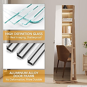 LVSOMT 360° Swivel Jewelry Cabinet with Full Length Mirror, 63" Large Jewelry Armoire Organizer, Lockable Mirror with Jewelry Storage, Floor Standing Mirror, Rear Storage Shelves