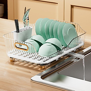 Dish Drying Rack with Drainboard, Kitchen Dish Drainer Rack in Sink, Dish Rack for Kitchen Counter Cabinet with Adjustable Swivel Spout, Removable Plastic Drainer Tray with Utensil Holder. (Clear)