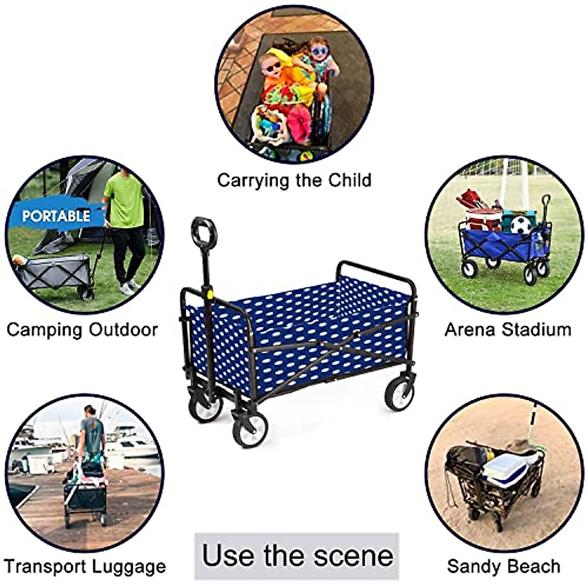 Collapsible Wagon Cart Seamless White Polka dots Navy Foldable Utility Wagon Large Capacity Garden Cart with Push Bar for Beach Camp Outdoor Shopping