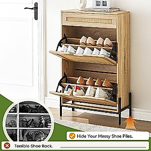 GAOMON Natural Rattan 2 Flip Door with 1 Drawer Shoe Rack Storage Cabinet, Shoe Cabinet Organizer Freestanding with 3-Tier Adjustable Shelves for Entryway, Entrance Hallway (2 Flip Doors, Oak Color)
