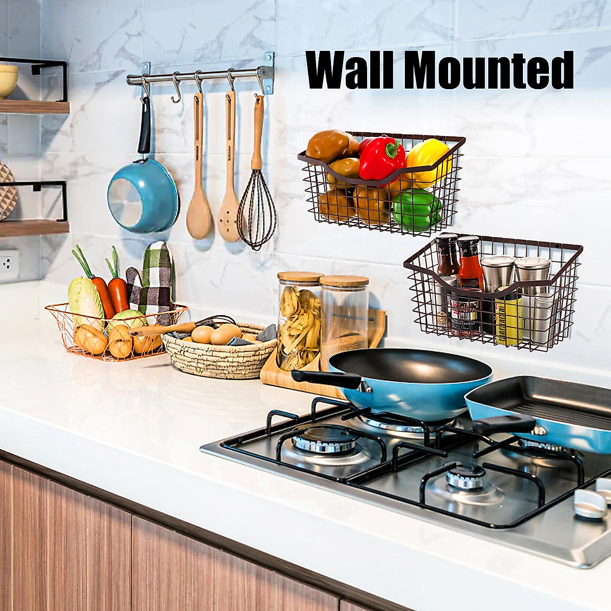 Nicunom 2 Pack Grid Storage Baskets with Hooks, Over Cabinet Door Organizer, Wire Basket Hanging Storage Organizer Steel Wire Sink Organization for Kitchen & Bathroom, Holds Shampoo, Body Wash, Bronze