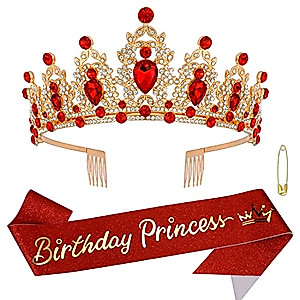 Chanaco Birthday Sash Princess Crown Birthday Girl Sash Tiaras for Women Red Rhinestones Headband Happy Birthday Decorations Birthday Party Supplies Gifts
