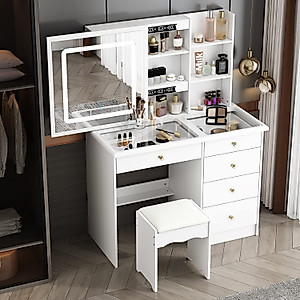 Homsee Vanity Desk Set Makeup Table with Large Sliding Lighted Mirror & Glass Top, Modern Dressing Table with Drawers, Storage Shelves & Stool for Bedroom, White