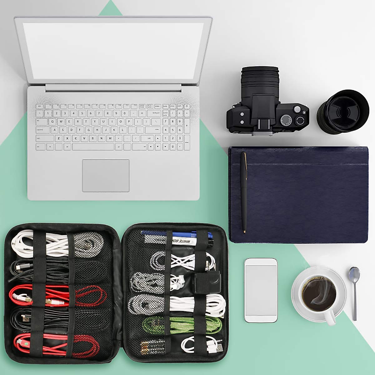 MATEIN Electronics Organizer, Waterproof Travel Electronic Accessories Case Portable Double Layer Cable Storage Bag for Cord, Charger, Power Bank, Flash Drive, Phone, Ipad Mini, SD Card, Tablet, Black