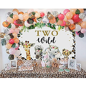 Mocsicka Two Wild Backdrop for Girl Jungle Safari Animals 2nd Birthday Party Decoration 7x5ft Floral Leopard Photo Background for Birthday Banner (7x5ft (82x60 inch))