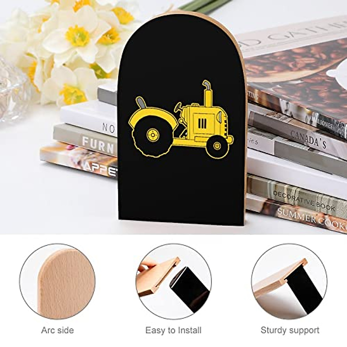 Cartoon Tractor Wood Book Ends for Shelves Non-Skid Bookend Book Stand Book Holder Stopper for Home Office School