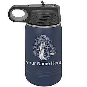 LaserGram Personalized Water Bottle, Cobra Snake, Stainless Steel Double Wall Vacuum Insulated with Flip Top Straw, Custom Engraved Gift (12oz / 335ml Navy Blue)