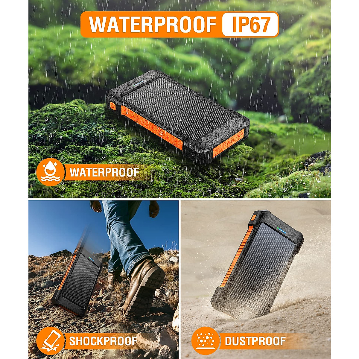 MetFut Solar Power Bank 38800mAh, Solar Charger with Suction Cup Mount Three Modes Flashlight-Steady/SOS/Strobe IPX7 Waterproof/Dustproof/Shockproof External Battery Pack 3 USB Charging Ports(Orange)