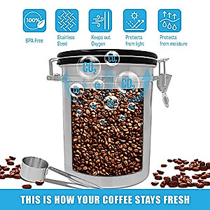 Zulay (Large) Airtight Coffee Canister - Stainless Steel Coffee Storage Canister with Scoop - Features Include a Date Tracker, Built-In One-Way CO2 Valve & 2 Spare Filter Replacements