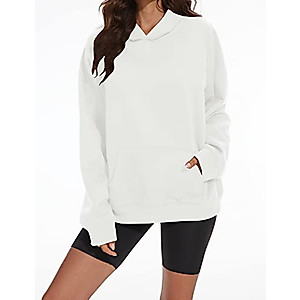 JEIBKOUY Women Men Solid Loose Basic Hoodies Fleece Long Sleeve Unisex Pullover Oversized Sweatshirt White