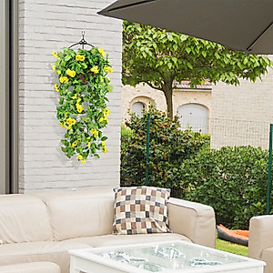 EuroBird Artificial Flowers Hanging Basket for Outdoor Indoor, Fake Silk Flowers, Handmade Metal Wall Mount Basket with Artificial Rose Flowers for Home, Patio, Garden, Lawn Decoration (Yellow)