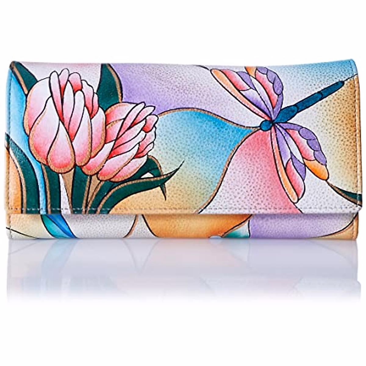 Anna by Anuschka Women's Hand Painted Genuine Leather Multi Pocket Wallet - Dragonfly Glass Painting
