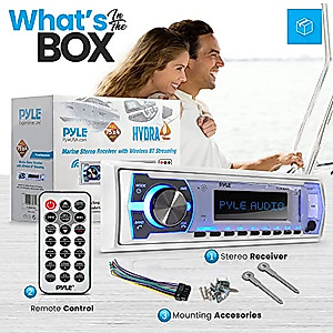 PyleUsa 10-Inch Low-Profile Amplified Subwoofer System & Marine Bluetooth Stereo Radio - 12v Single DIN Style Boat in Dash Radio Receiver System (White)