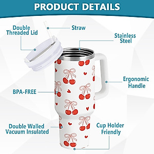 KEEPREAL 40 oz Red Cherry Bow Tumbler with Handle, Insulated Sports Water Bottle with Lid and Straw, Thermal Stainless Steel Travel Coffee Mug Cup