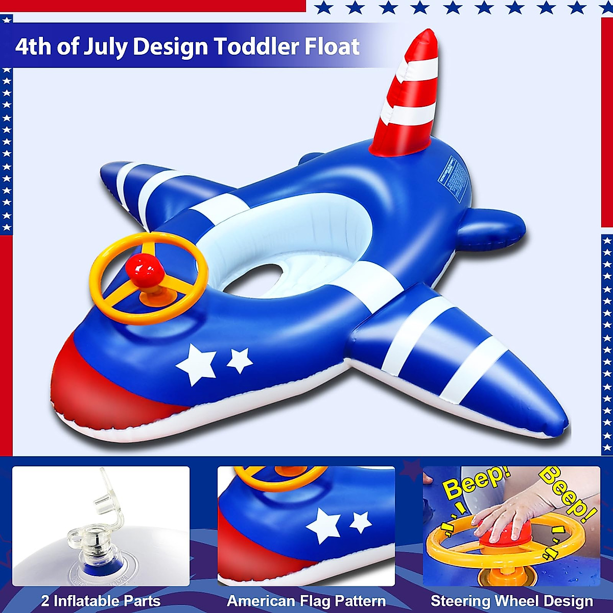 AMENON Toddler Pool Float with Safety Seat & Backrest, Large American Flag Airplane Swimming Pool Floats Kids Patriotic Summer Beach Toys Pool Floaties for Baby Toddlers Kids Age 1-4 Years