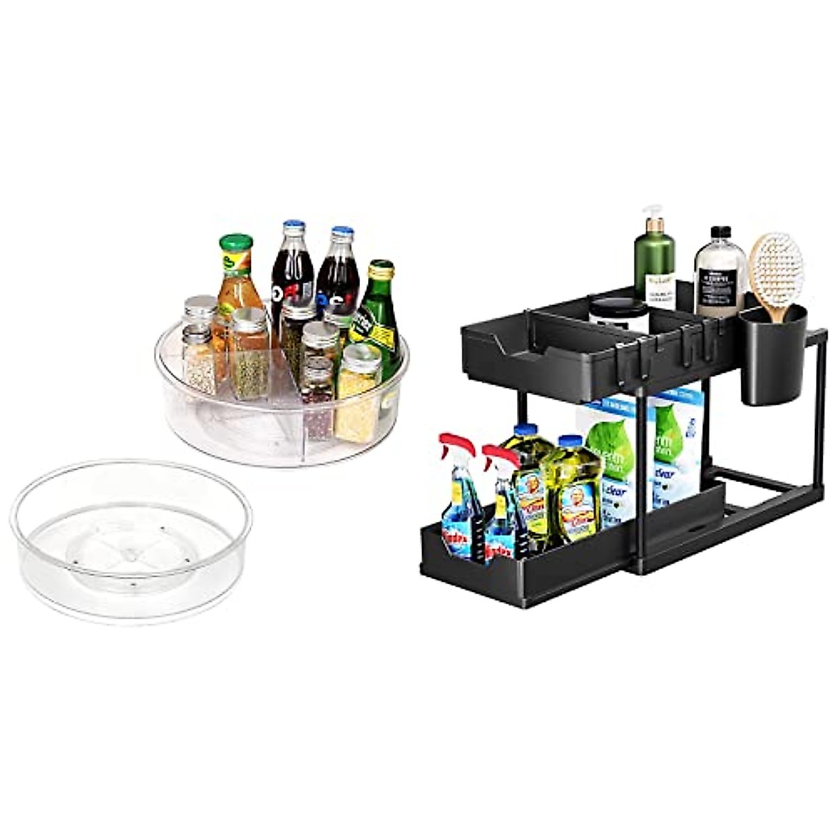 Puricon 2 Pack Clear Lazy Susan Turntable Organizer Bundle with 2 Pack Under Sink Organizers and Storage 2-Tier Double Sliding Pull-Out Drawer
