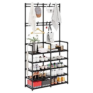 UDEAR 5-Tier Coat and Shoe Rack, Entryway Coat Rack with 8 Hooks, Double Row Shoes Organizer for Living Room, Bedroom, Office, Black