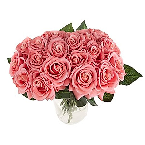 Pure Garden Rose Artificial Flowers - 18Pc Real Touch 11.5-Inch Fake Flower Set with Stems for Home Decor, Wedding, or Bridal/Baby Showers (Coral)