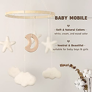 Mobile for Crib - Baby Mobile for Crib - Baby Crib Mobile - Crib Mobile for Girls, Boys - Baby Mobile for Bassinet - Gender Neutral Color Theme - Felt Cloud, Felt Star, Wood Moon