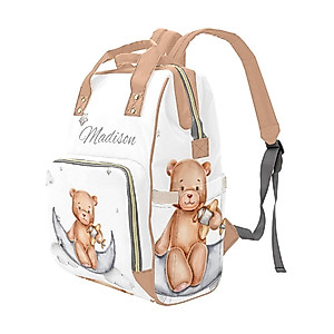 NZOOHY Teddy Bear Sits on Moon Personalized Name Diaper Bag Tote, Custom Waterproof Nursing Baby Bag Mummy Backpack for Mom Travel Outdoor 15'' X 10.83'' X 6.69''