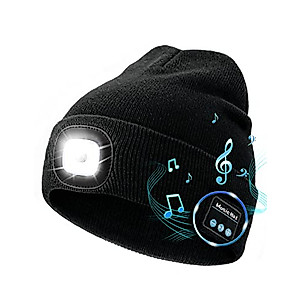 Unisex Bluetooth Beanie Hat with Light, Upgraded Musical Knitted Cap with Headphone and Built-in Stereo Speakers & Mic, LED Hat for Running Hiking, for Men Women Dad (Black)