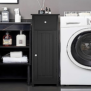 Iwell Bathroom Floor Cabinet, Storage Cabinet with Large Drawer, Wooden Free-Standing Cabinet with Door for Bathroom, Living Room, Bedroom, Black