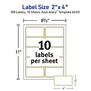 Avery Printable Shipping Labels, 2" x 4", Matte White with Gold Border, 100 Blank Mailing Labels (6541)