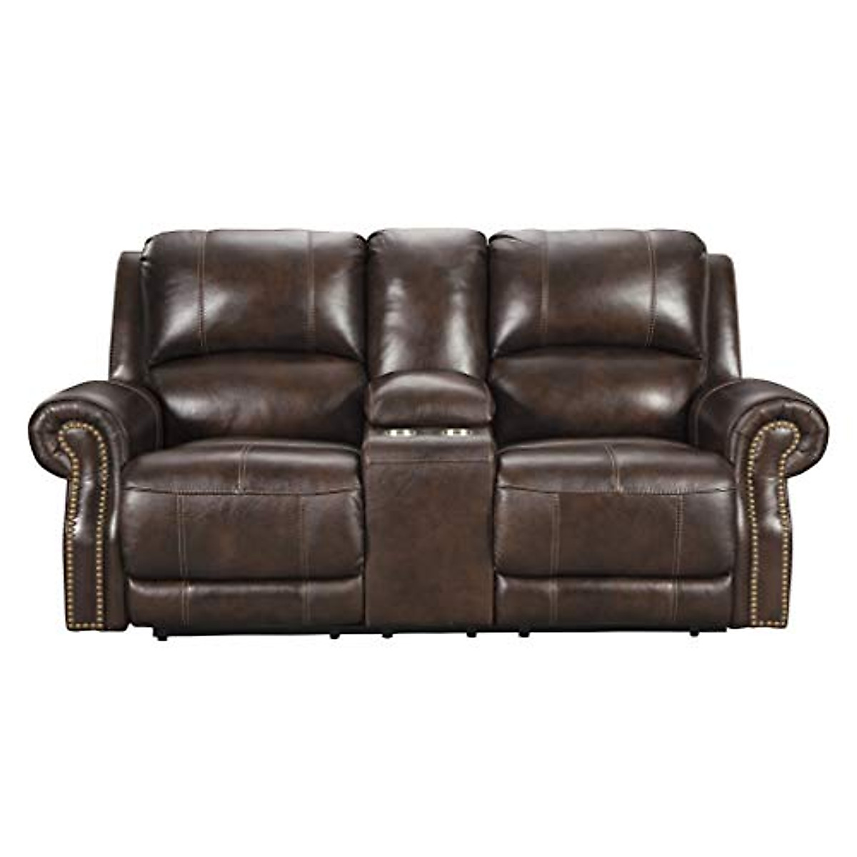 Signature Design by Ashley Buncrana Traditional Dual Sided Power Reclining Loveseat with Nailhead Trim, Center Storage Console and USB Port, Brown